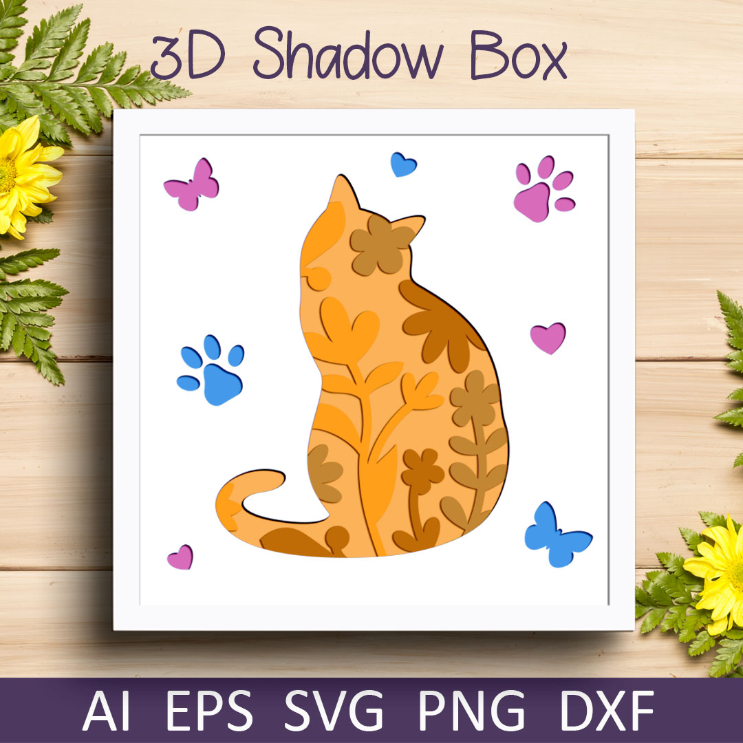 Cat with flowers 3d shadow box template, Animal svg papercut | Inspire ...