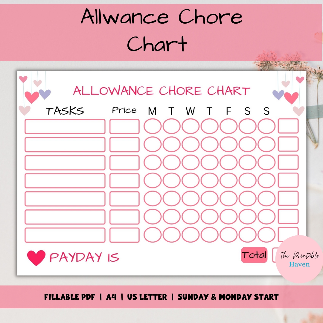 Allowance chore chart editable, A4, US Letter, How to earn m | Inspire ...
