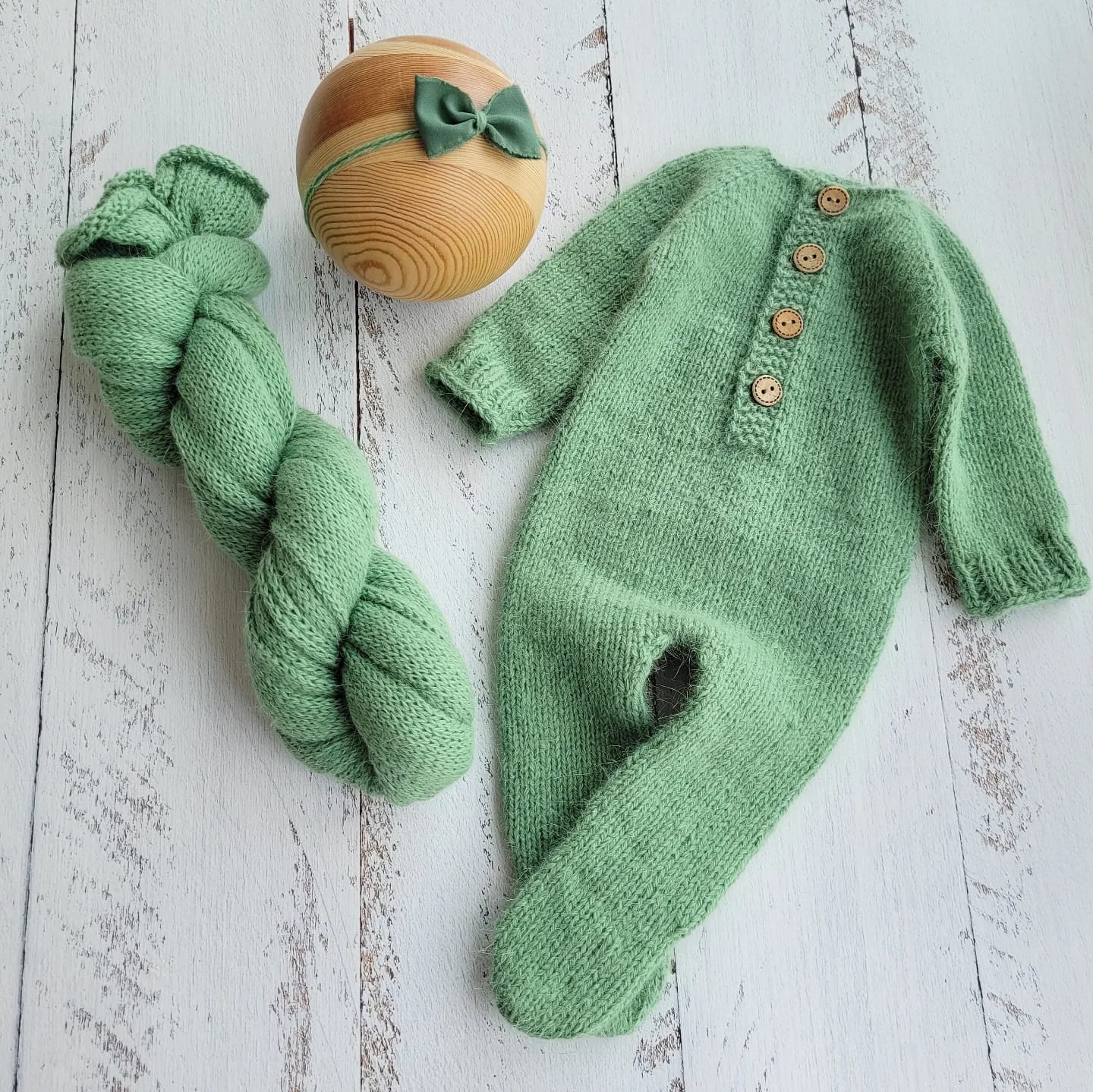 Sage fluffy bonnet, romper, wrap. Newborn photo props | Inspire Uplift