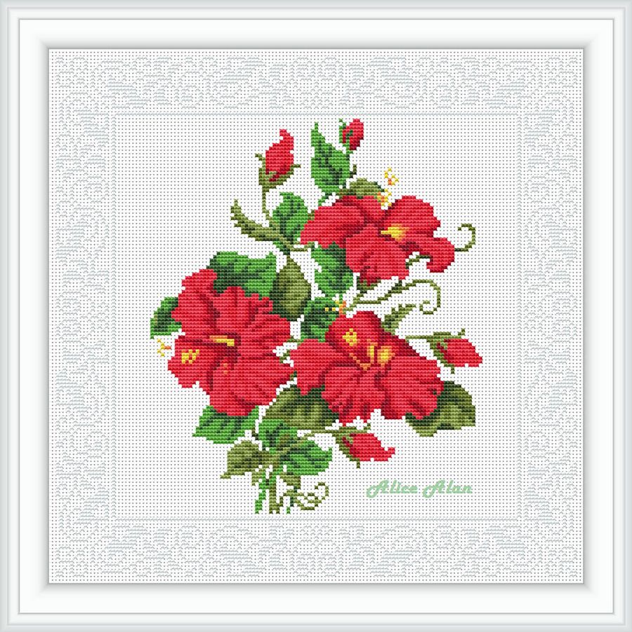 Cross stitch pattern Hibiscus flowers frame effect lace | Inspire Uplift