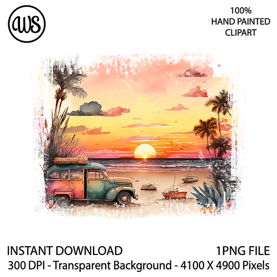 Retro Beach Sunset Clipart. Summer Clipart. Summer Sublimati | Inspire ...
