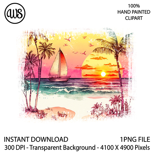 Retro Beach Sunset Clipart. Summer Clipart. Summer Sublimati | Inspire ...