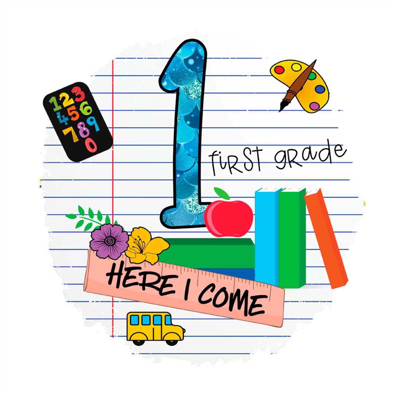 First Grade Here I Come Colorful Book PNG Sublimation Design - Inspire ...