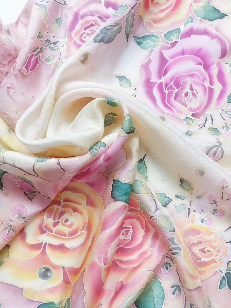 Pink Square silk scarf hand-painted, roses silk scarf, flowe | Inspire ...