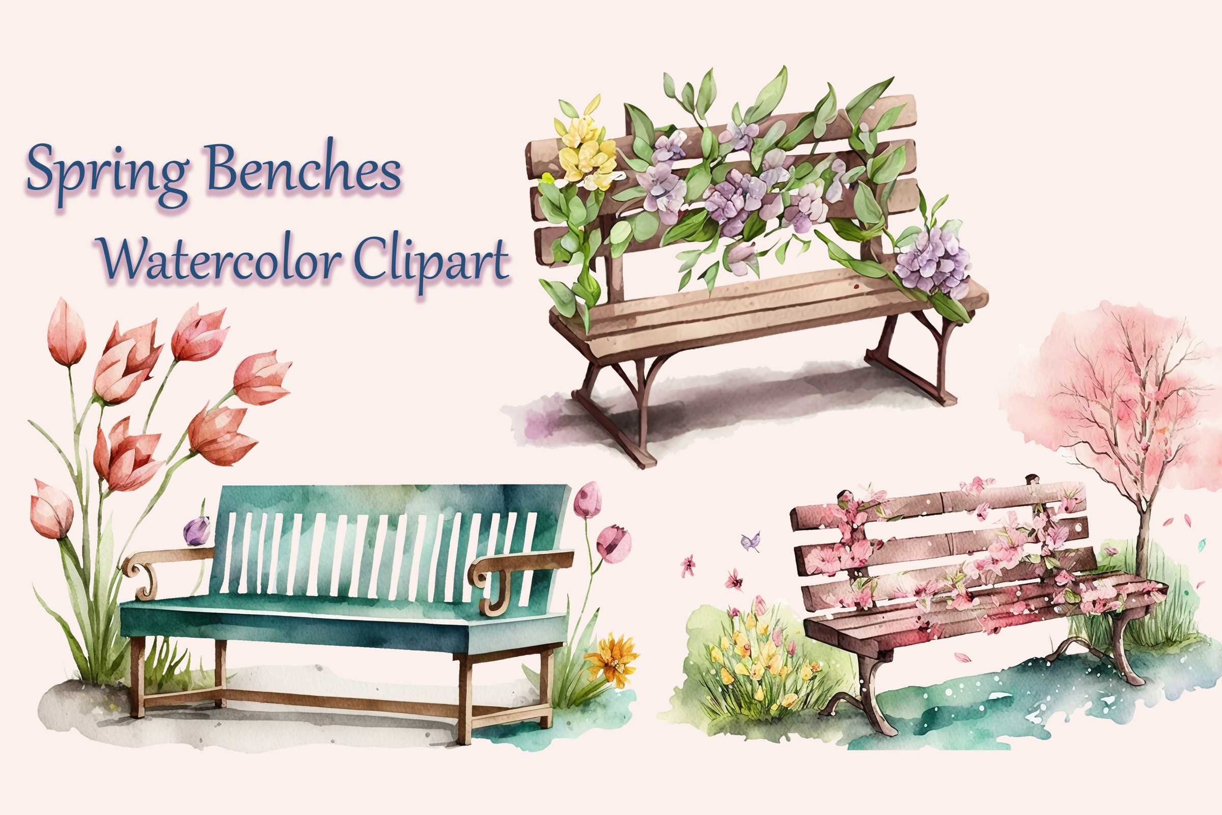 Spring Benches Watercolor Clipart | Inspire Uplift
