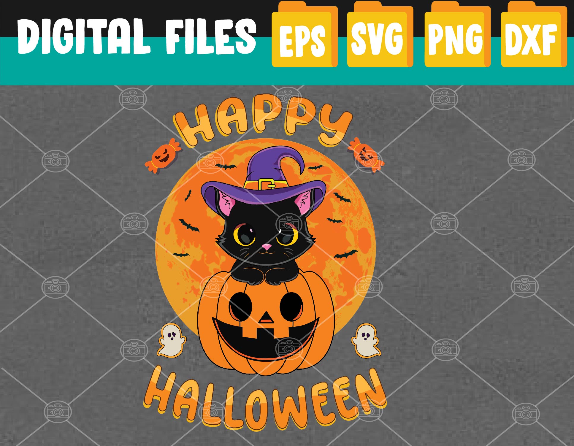 Halloween Black Cat Witch Hat Pumpkin Svg, Eps, Png, Dxf, Di | Inspire ...