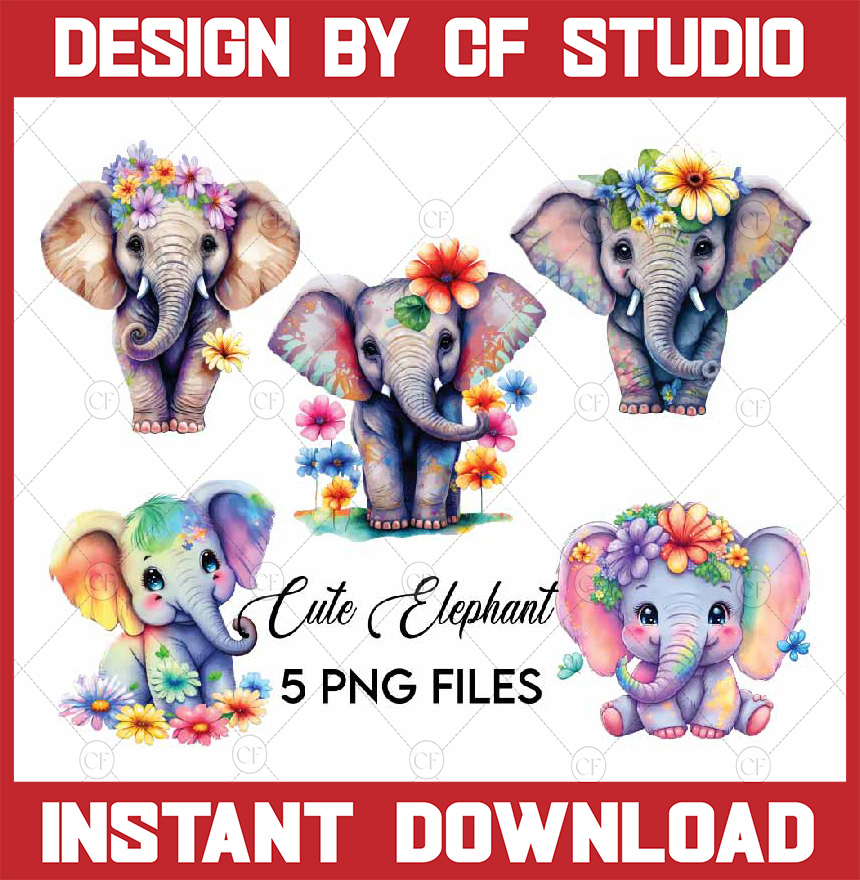 5 Png Files Flower Baby Elephant Sublimation Clipart, Design | Inspire ...