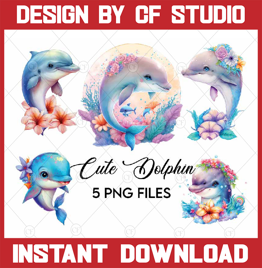5 Files Cute Dolphin Flower Sublimation Clipart, Dolphin Wat - Inspire ...