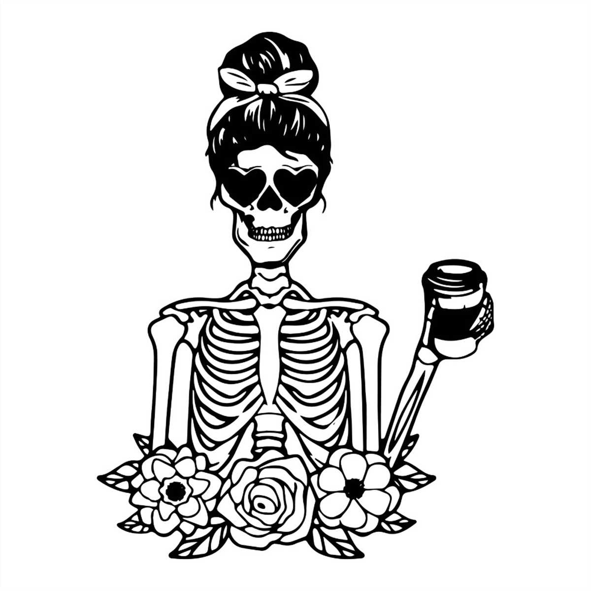 Woman Skeleton Holding Coffee Flower SVG Silhouette | Inspire Uplift