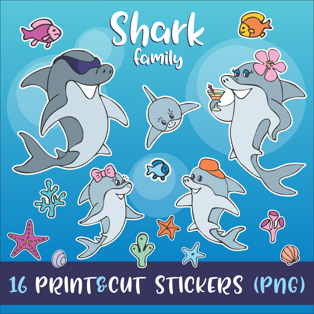 Shark Family | Printable Stickers PNG | Inspire Uplift