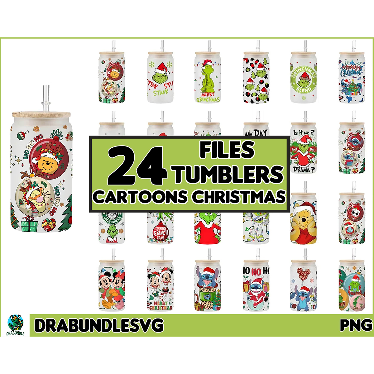 24 Cartoons Christmas 16oz Libbey Can Glass Wrap, Glass Can | Inspire ...