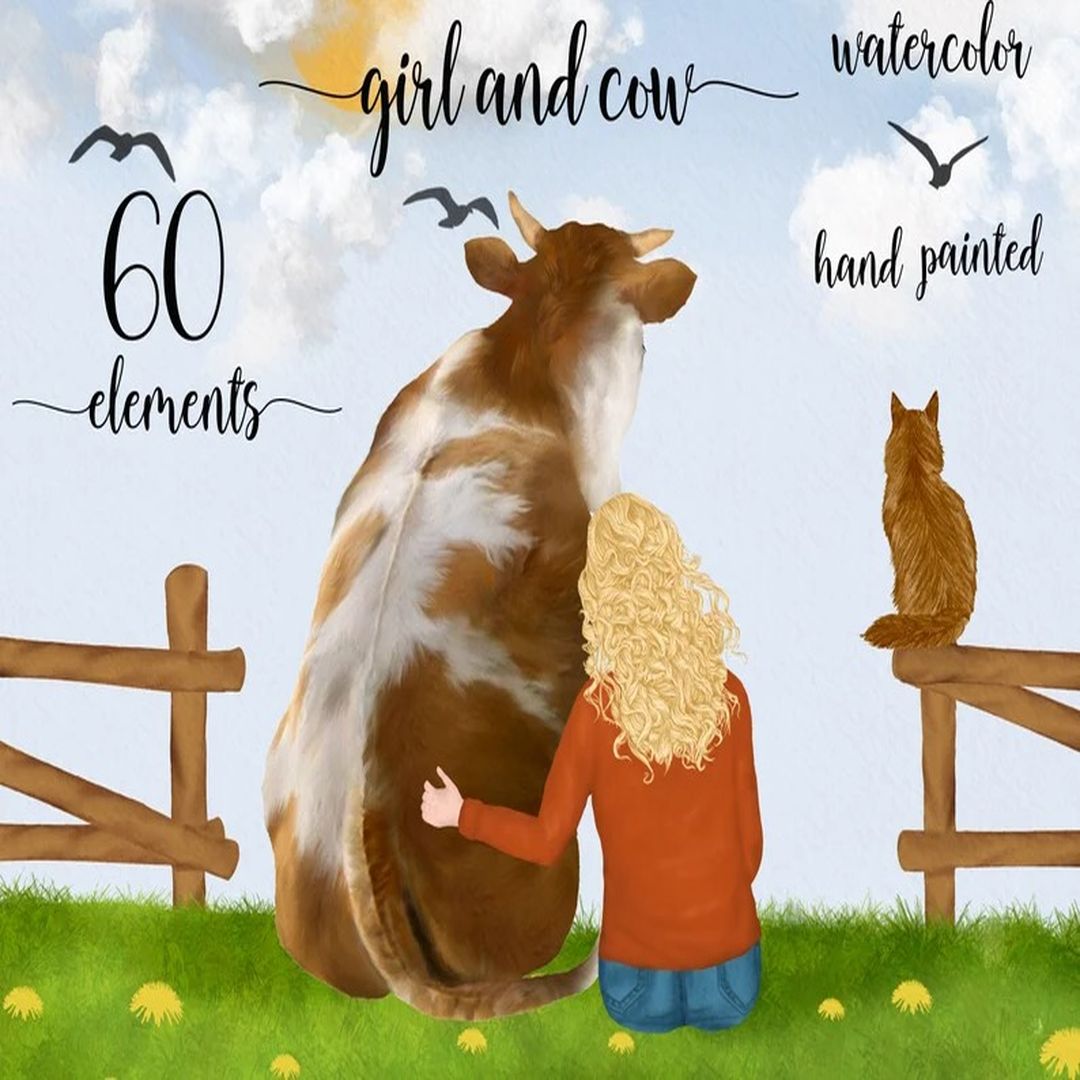 Girl with Cow clipart: "COW CLIPART" Cow sitting Girl huggin - Inspire ...