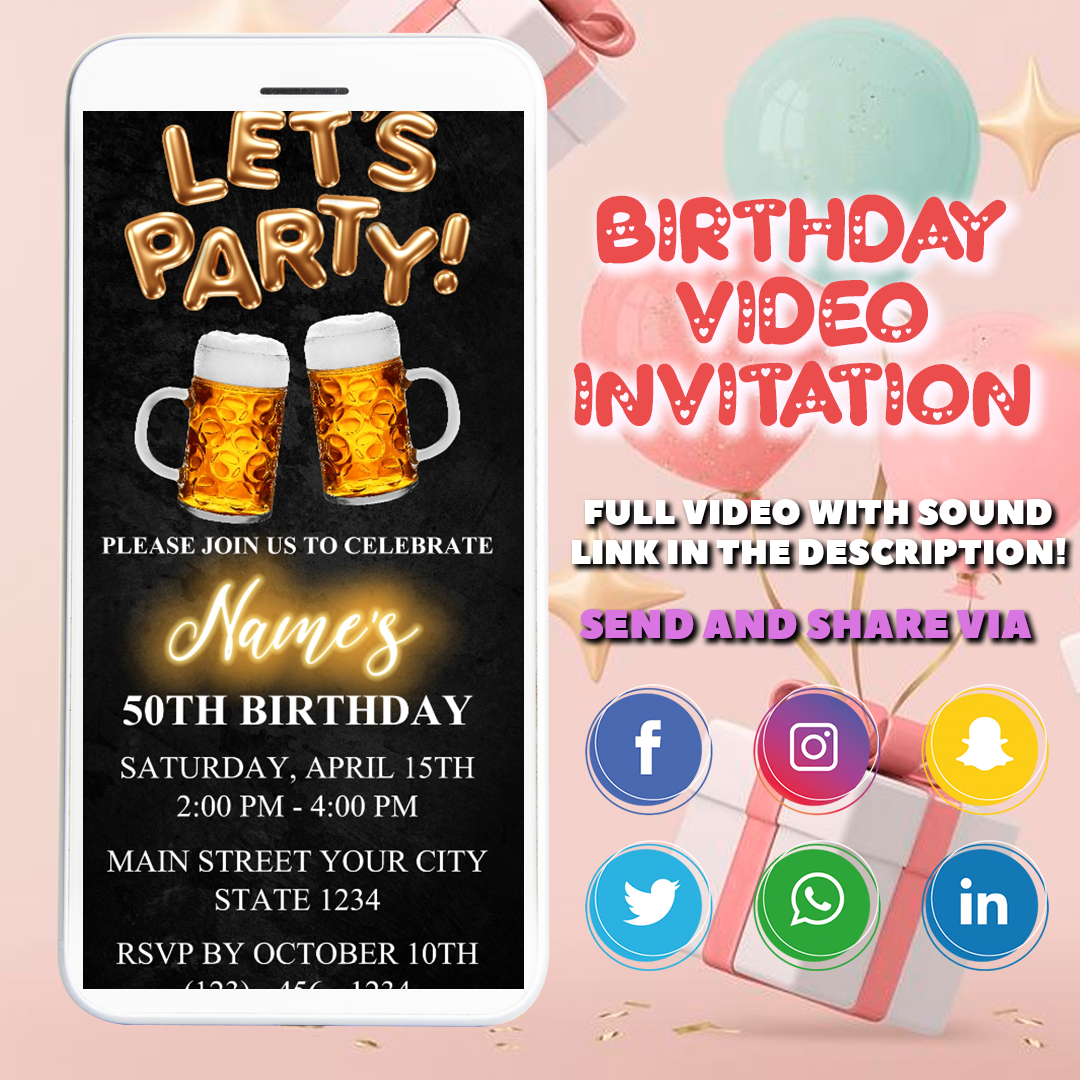 Digital Let's Party Beer Birthday Invitation, Electronic Bee | Inspire ...