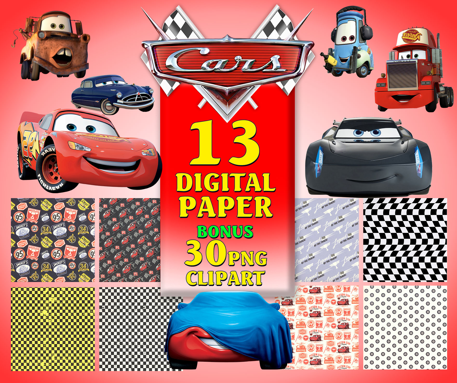 13 Cars Digital Paper Clipart, Lightning McQueen Cars Printa | Inspire ...
