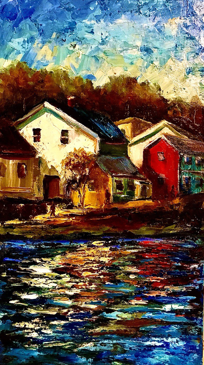 Landscape Sunny daus Bright houses by the river. Oil paintin | Inspire ...