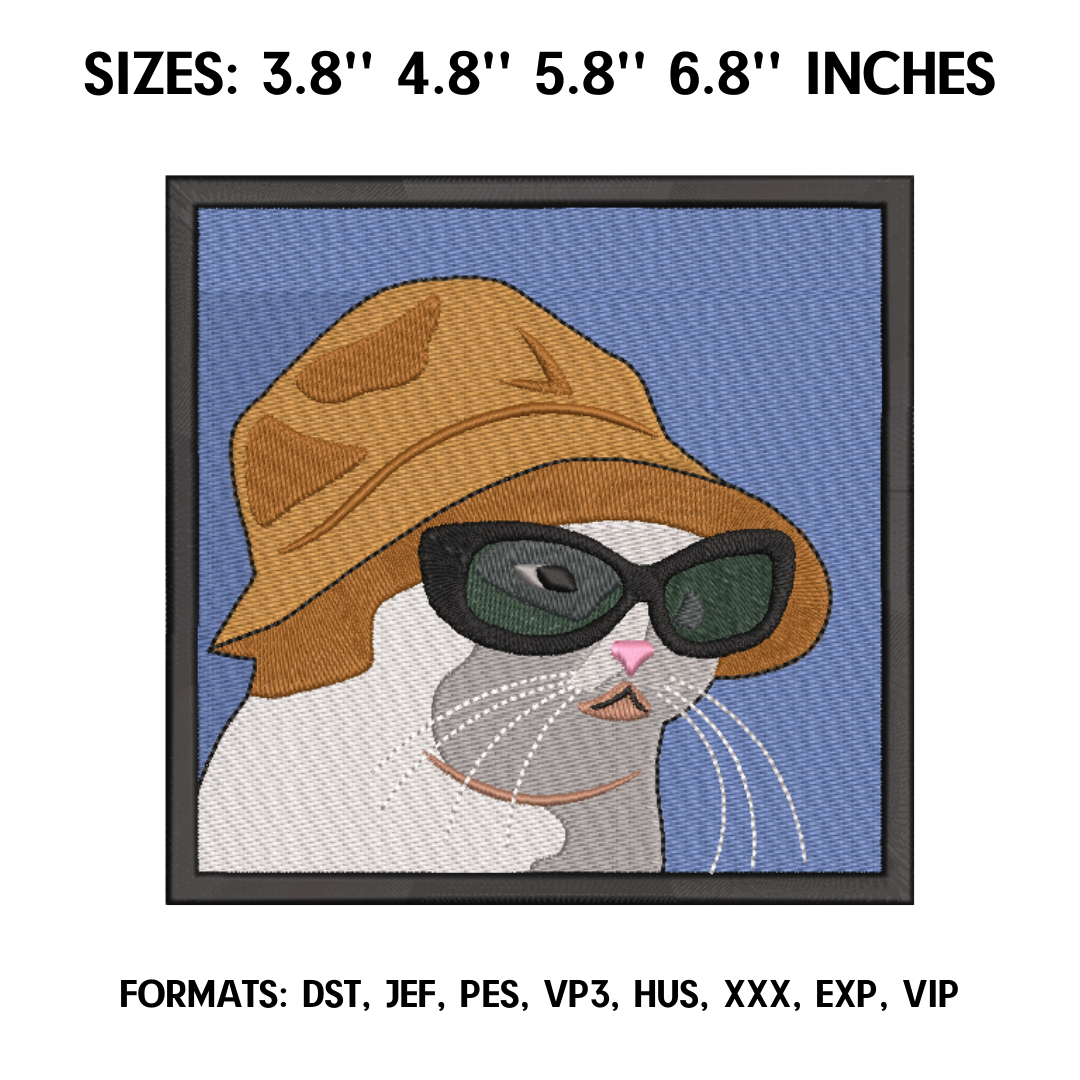 Mem Cat in Glasses and Panama Anime Embroidery Design, Machi | Inspire ...