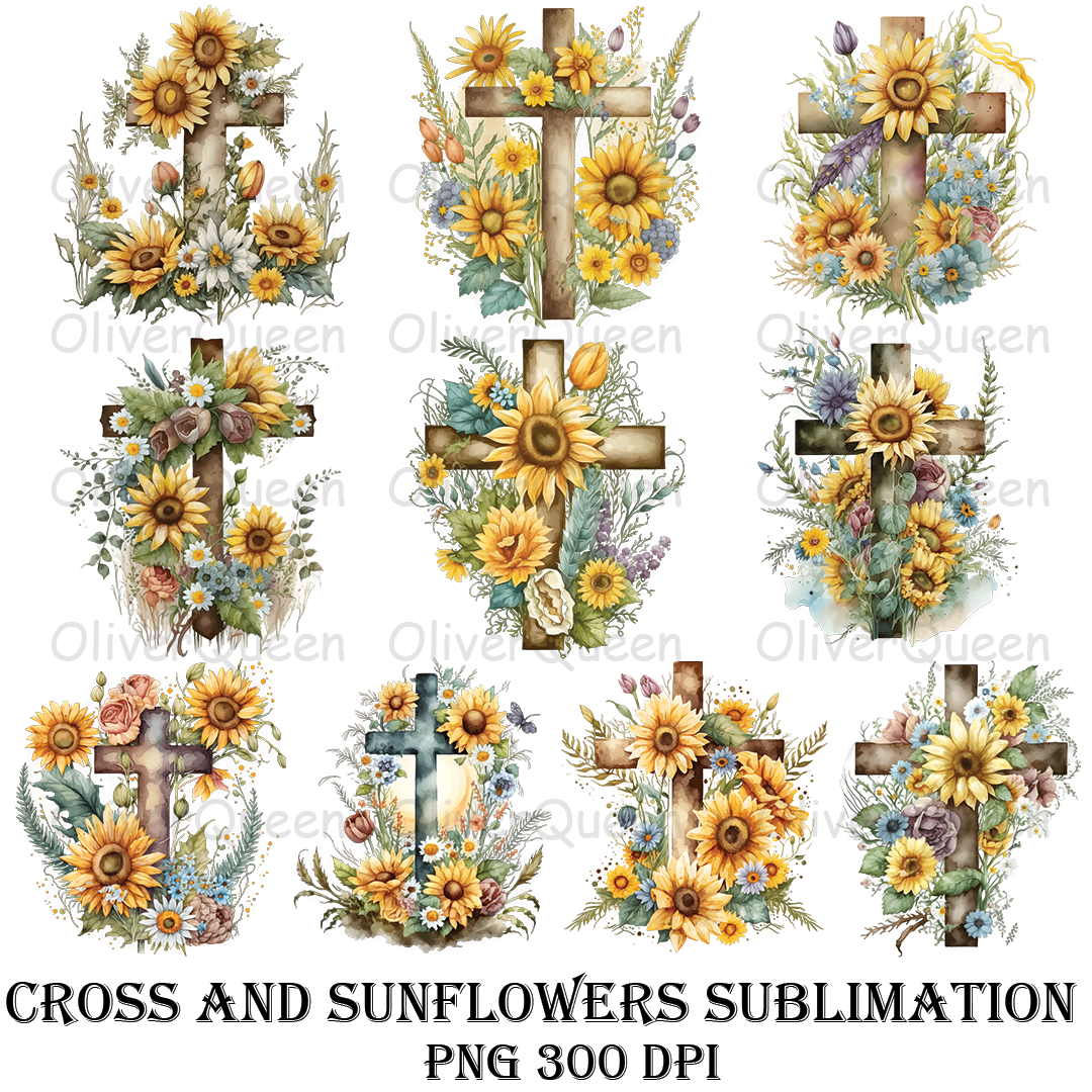 Cross & Sunflowers Art, Sunflowers PNG, Sunflowers gift | Inspire Uplift