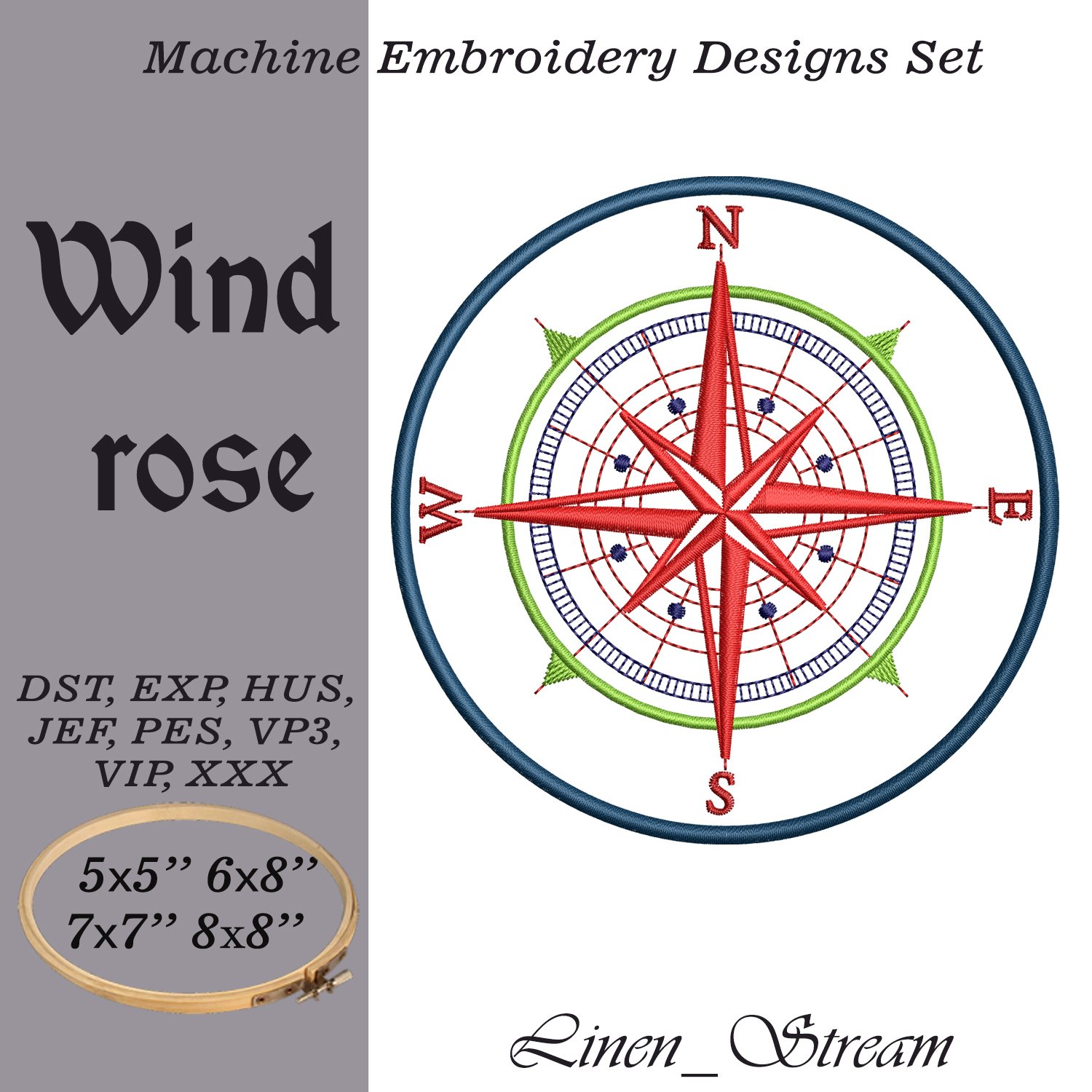 Wind rose Machine embroidery design in 8 formats and 4 sizes - Inspire ...
