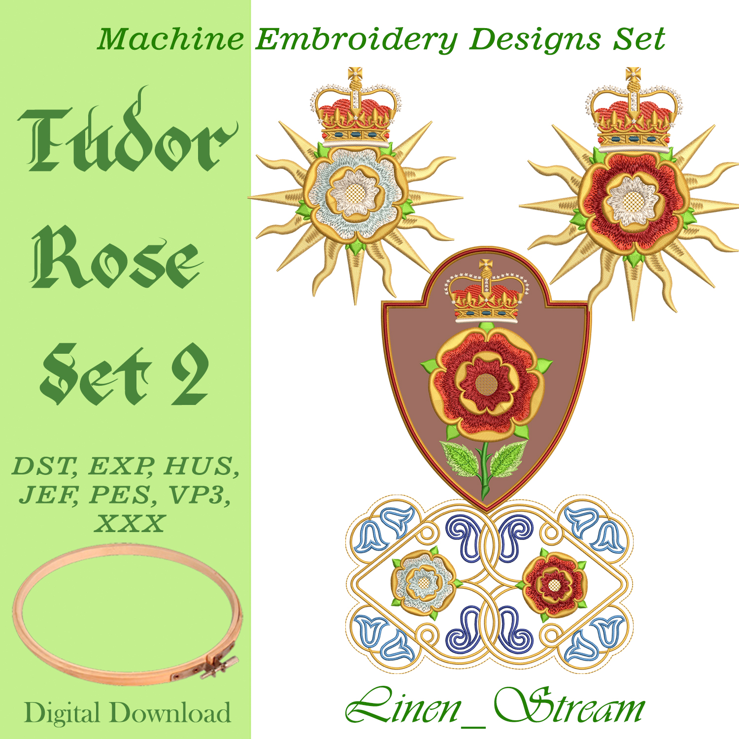 Tudor-Style Rose 2 Machine embdesign in 8 formats in 4 sizes - Inspire ...