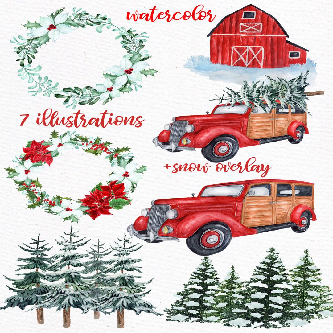 Watercolor Christmas Vintage Car clipart: "CHRISTMAS RETRO C - Inspire ...