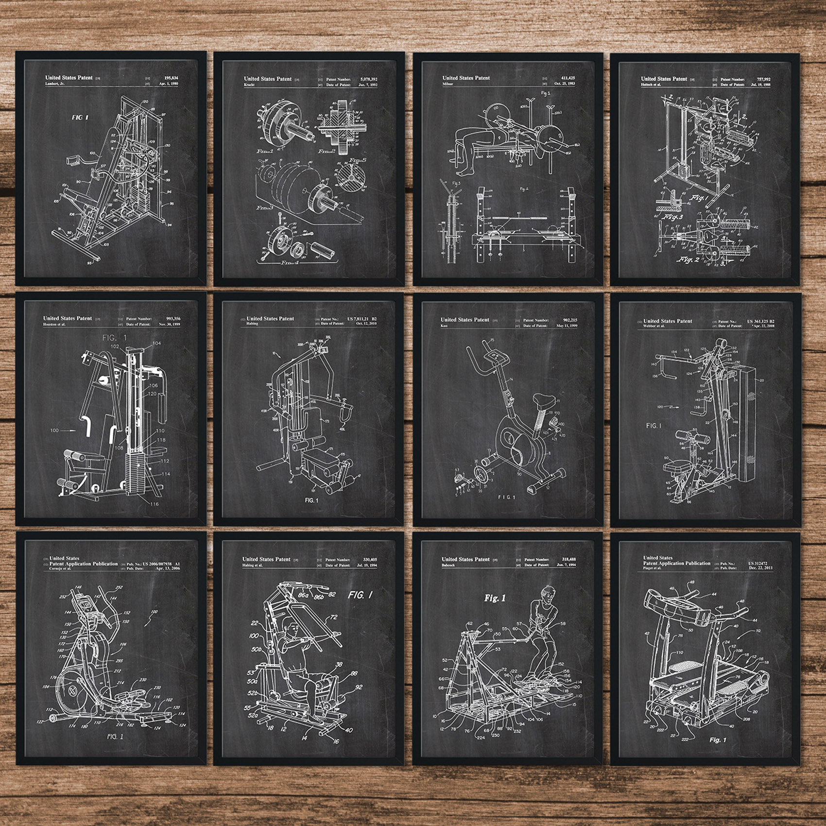Gym Set Of 12 Patent Prints, Fitness Posters,Gym Decor,Bodyb - Inspire ...