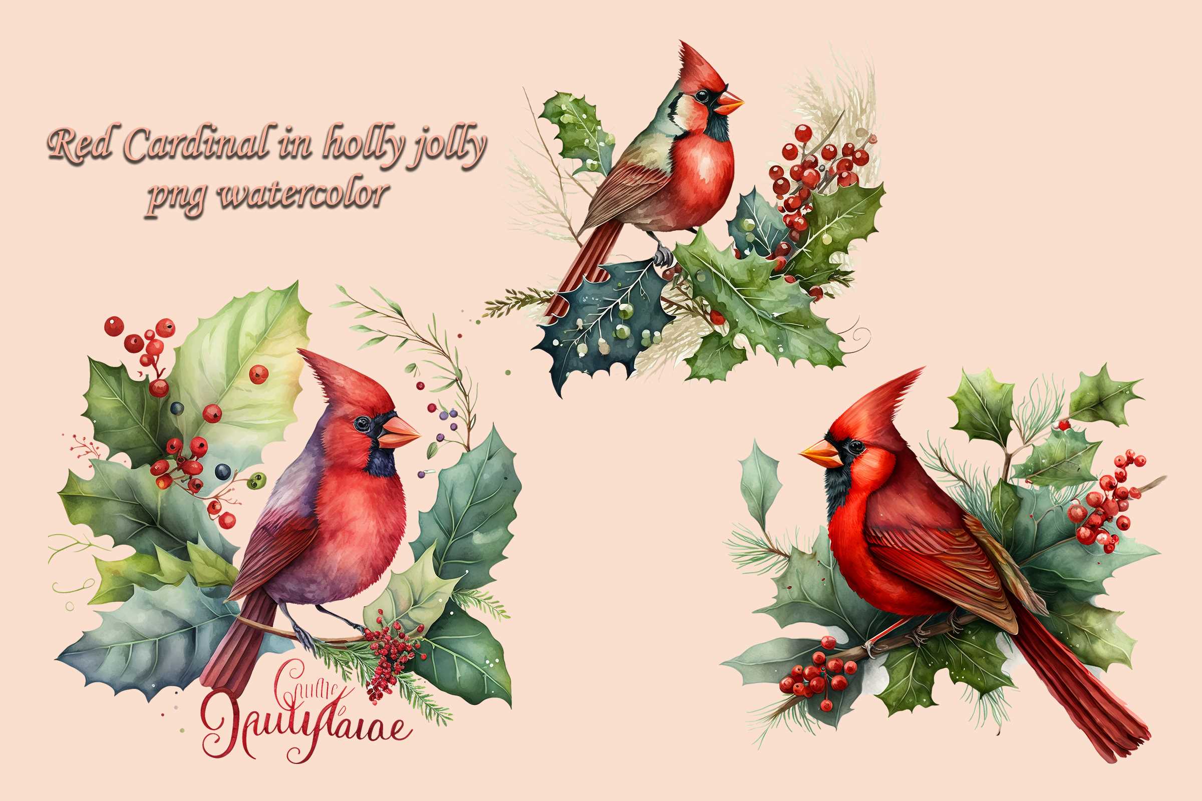 Red Cardinal in holly jolly png watercolor | Inspire Uplift