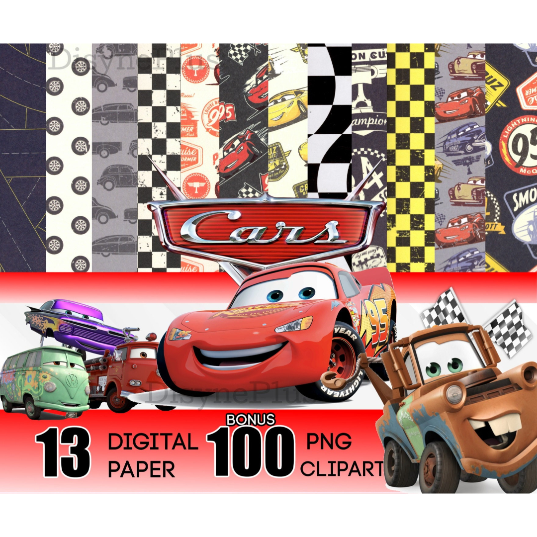 13 Cars Digital Paper Clipart, Lightning McQueen Cars Printa - Inspire ...