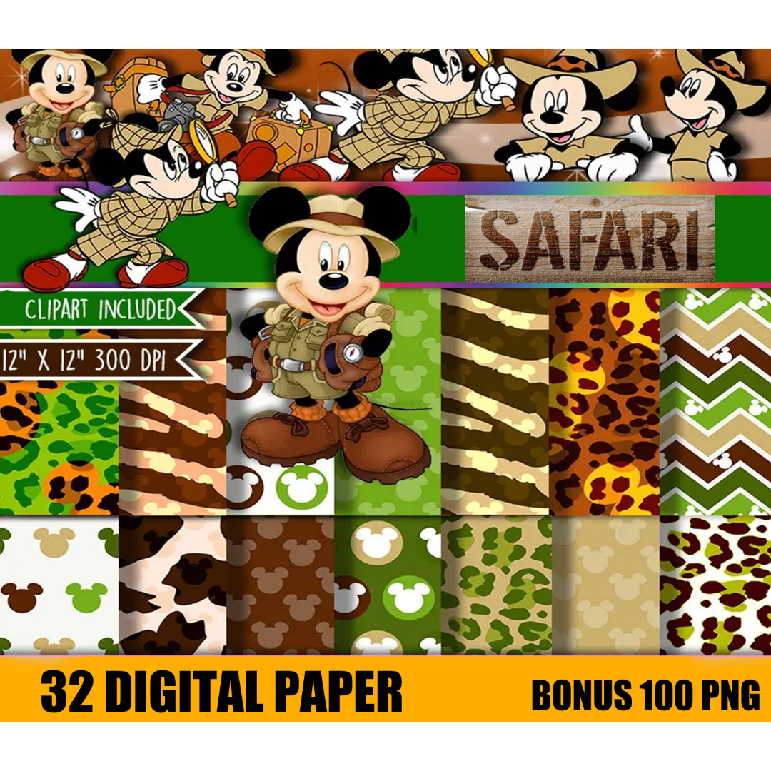 32 Mickey Safari Digital Paper, Mickey Minnie Jungle Safari, | Inspire ...