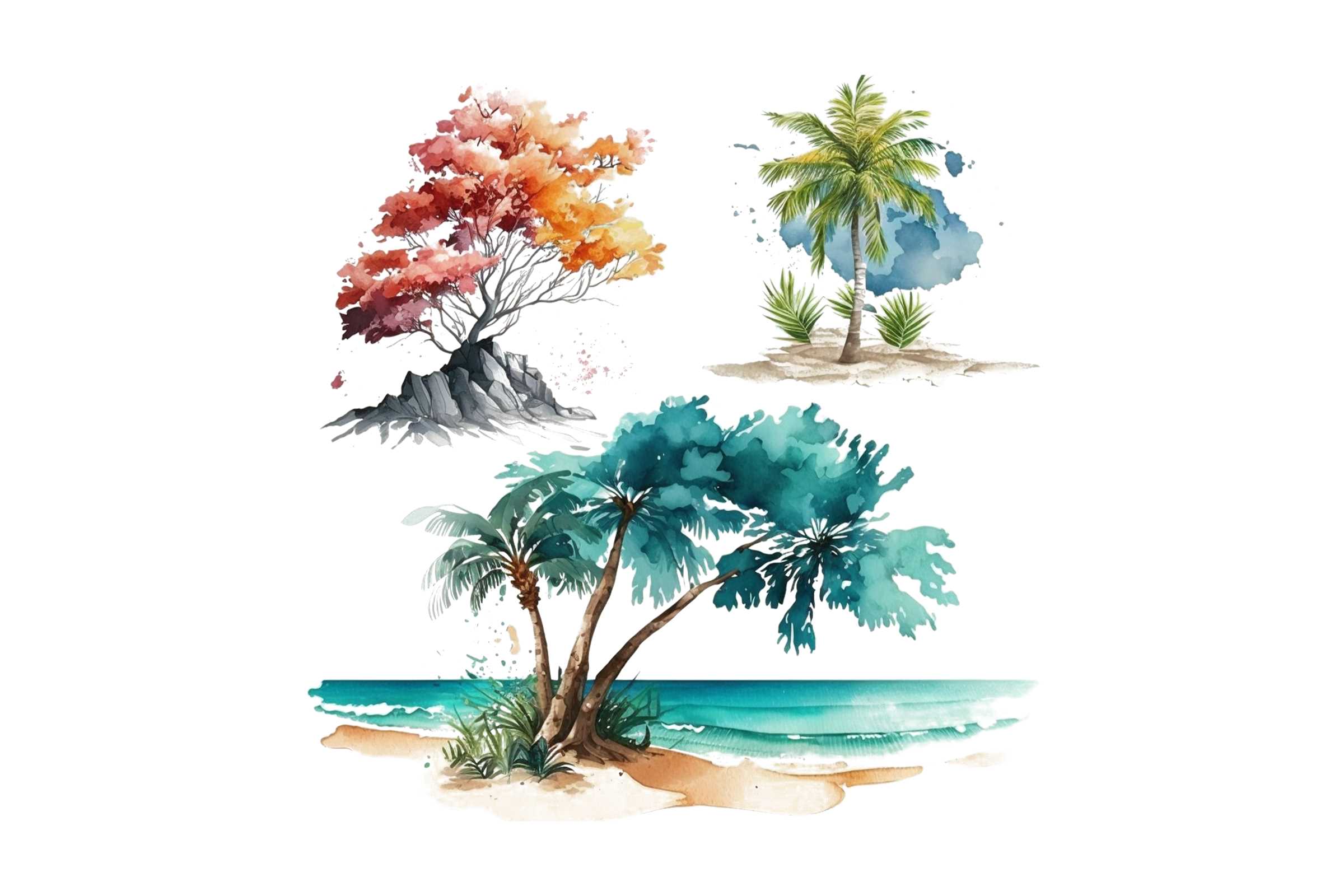 Watercolor Beach Tree Scenes PNG | Inspire Uplift