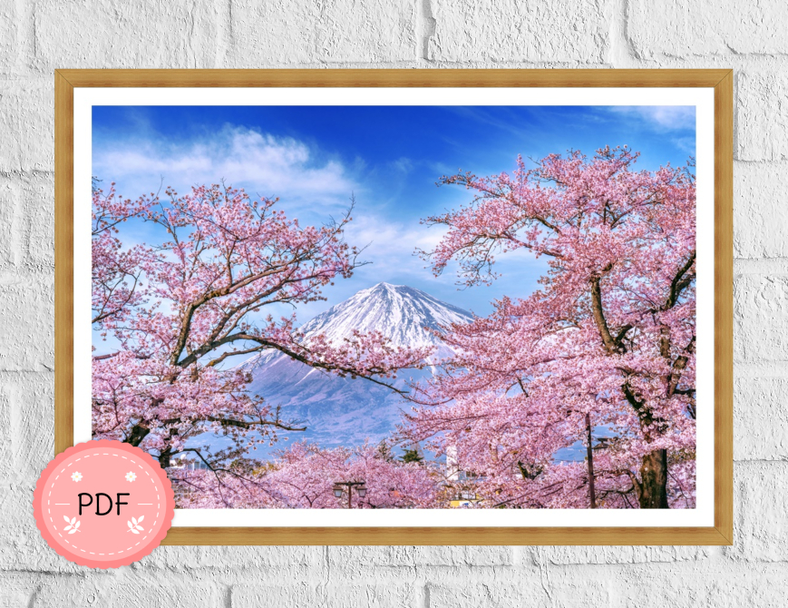 Mount Fuji Cross Stitch Pattern,Cherry Blossom,Instant Downl | Inspire ...