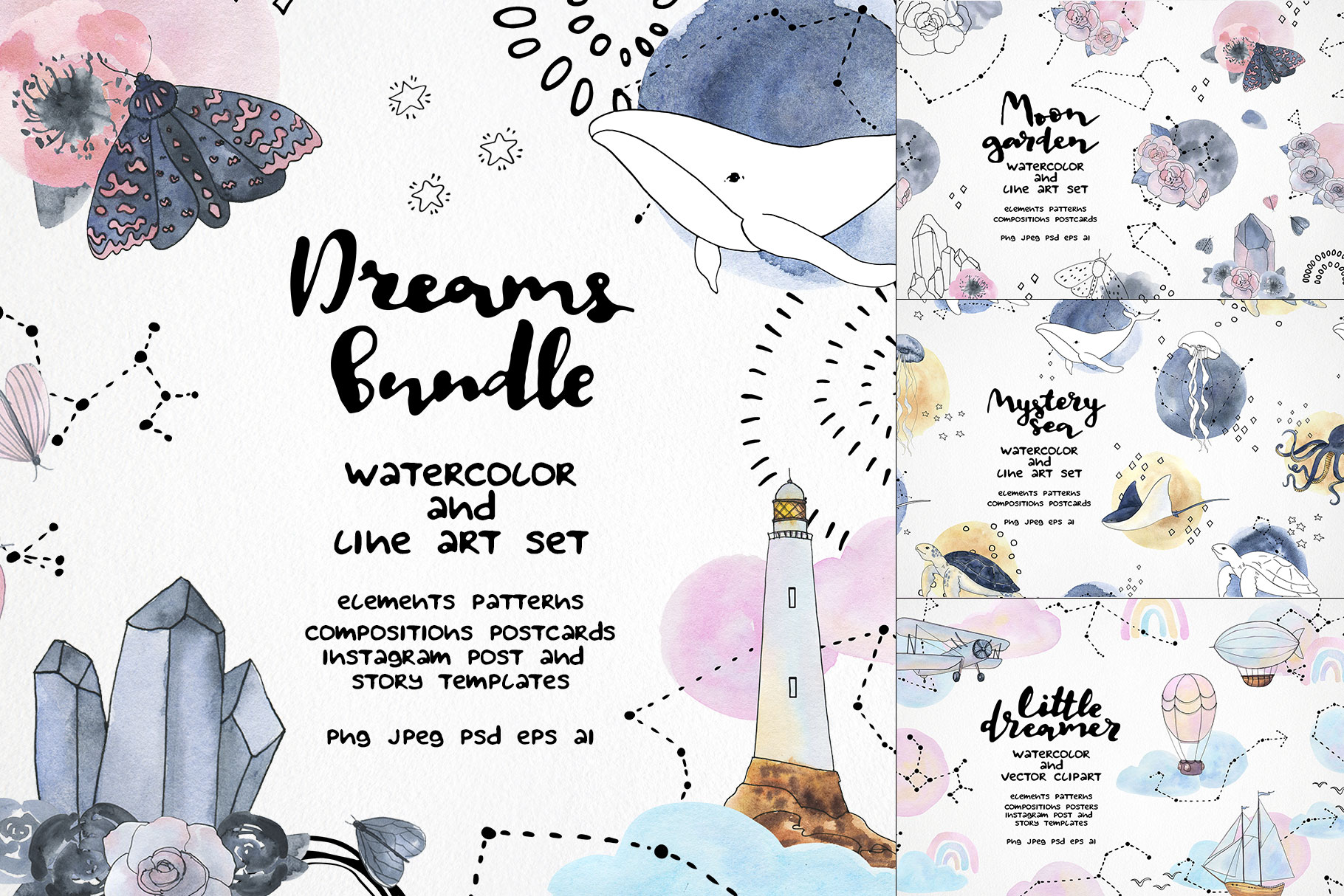 Dreams bundle! Watercolor and line art clipart set | Inspire Uplift