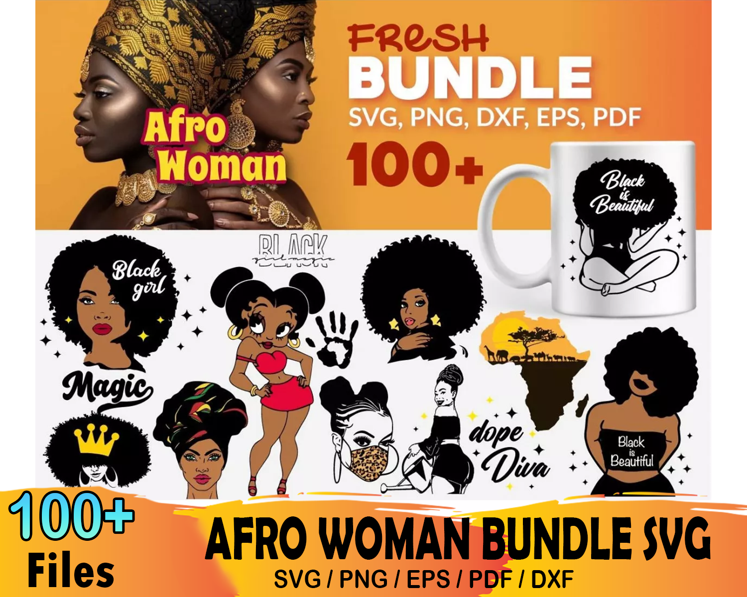 100 Afro Woman Bundle Svg, Black Girl Svg, Black Queen Svg | Inspire Uplift