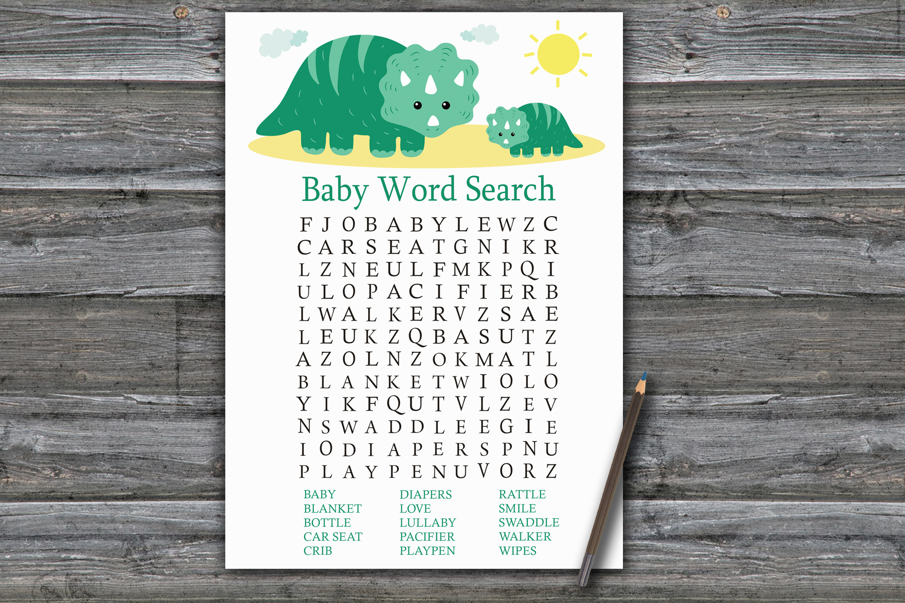 Dinosaur themed Baby shower word search game card,Dinosaur B - Inspire ...