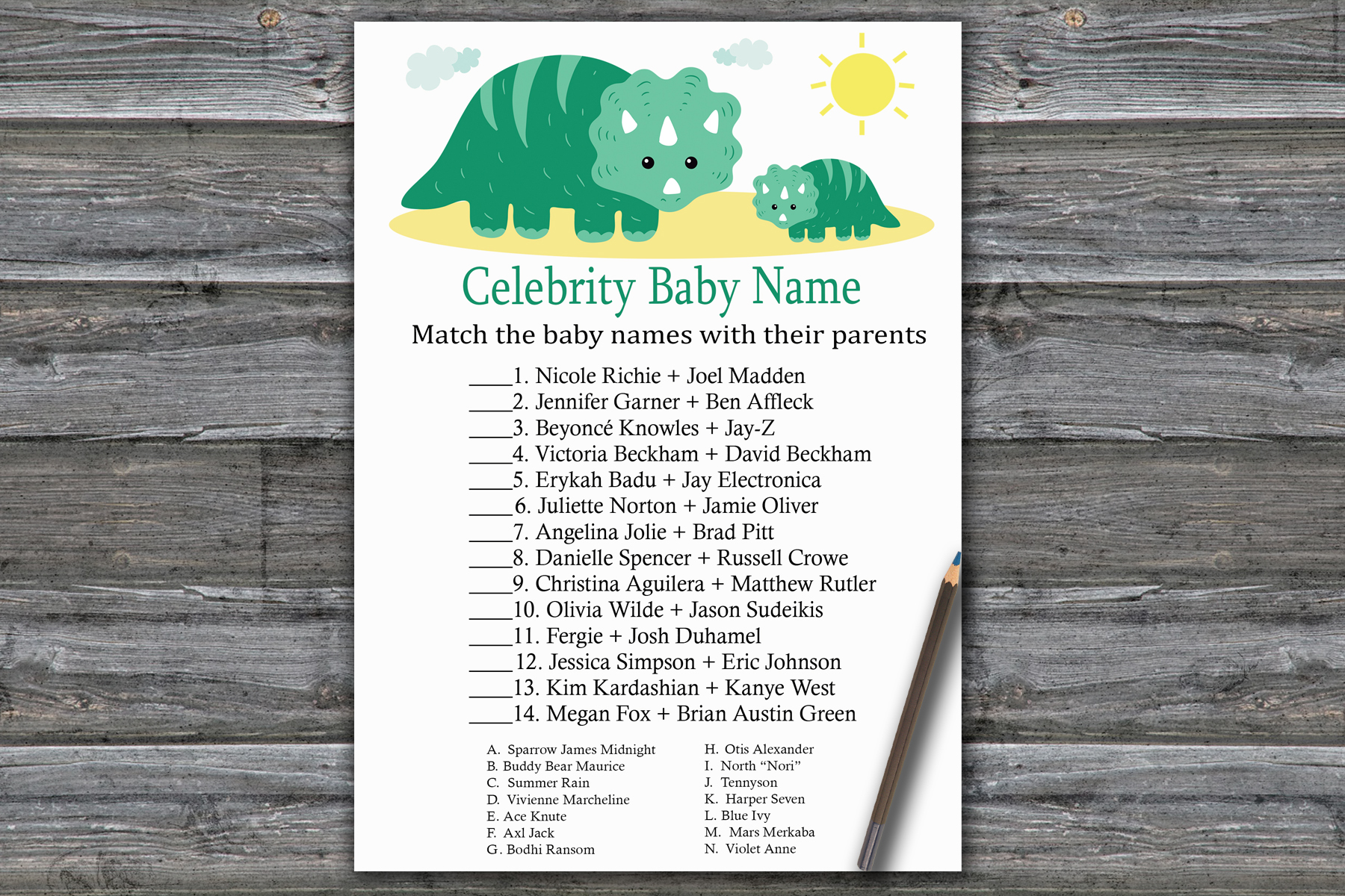 Dinosaur themed Celebrity baby name game card,Dinosaur Baby | Inspire ...