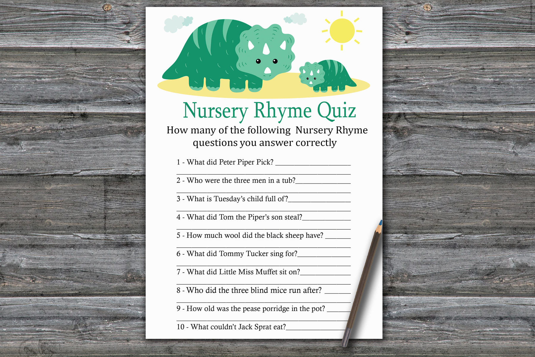 Dinosaur themed Nursery rhyme quiz baby shower game card,Din - Inspire ...