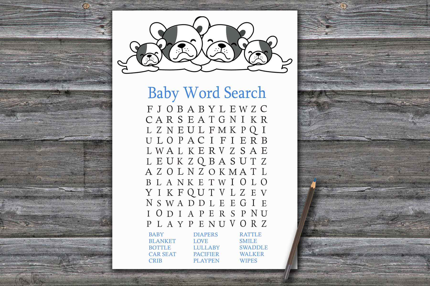 Bulldog Baby shower word search game card,Dog Baby shower ga | Inspire ...