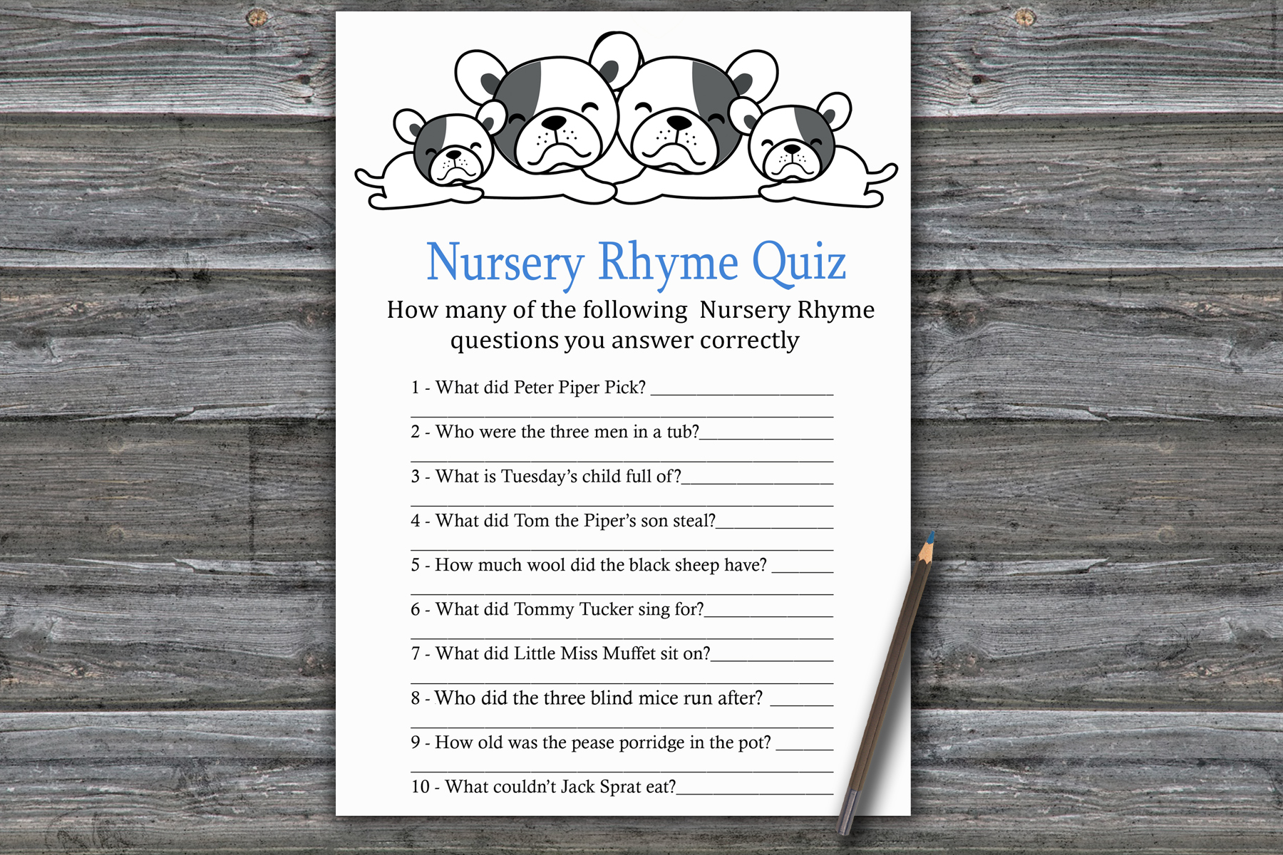 Bulldog Nursery rhyme quiz baby shower game card,Dog Baby sh - Inspire ...