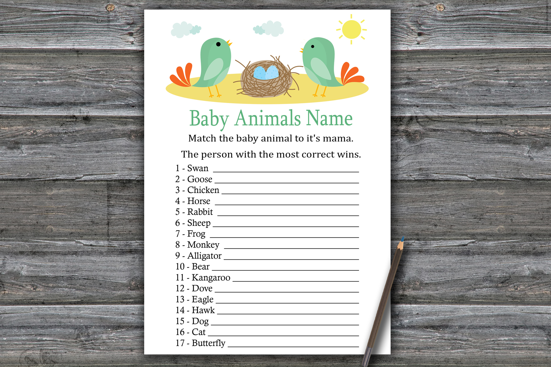 Birds Baby animals name game card,Birds and nest Baby shower - Inspire ...