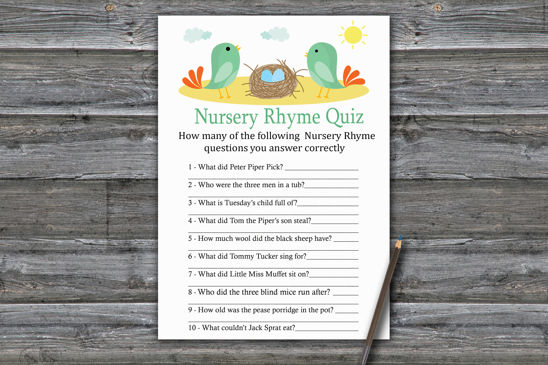 Birds Nursery rhyme quiz baby shower game card,Birds and nes - Inspire ...