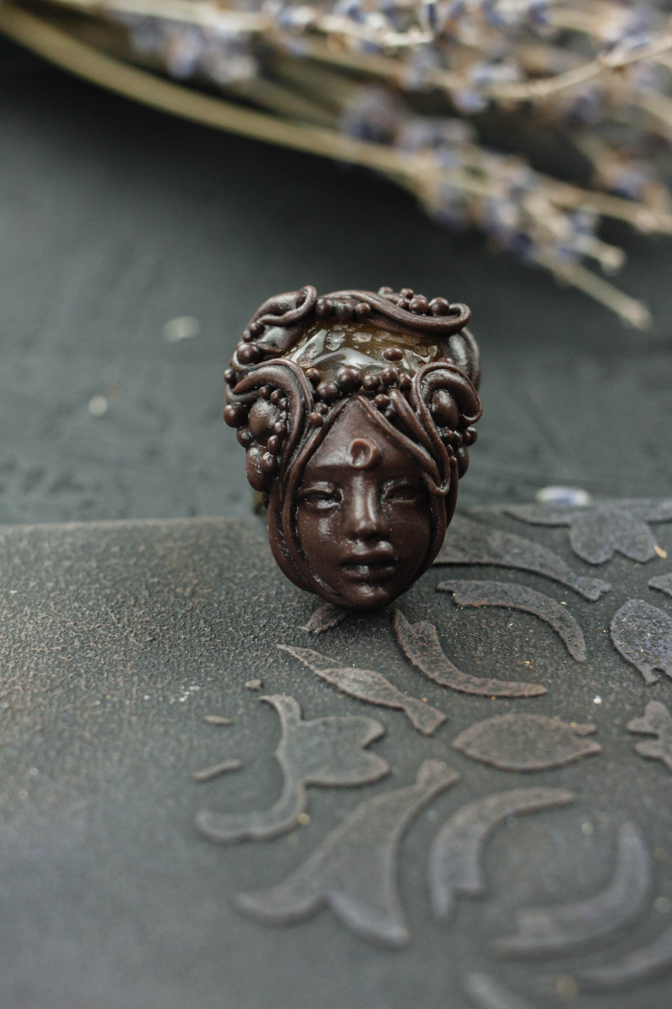 Carnelian ring, stone ring, face, polymer clay Ring with car | Inspire ...