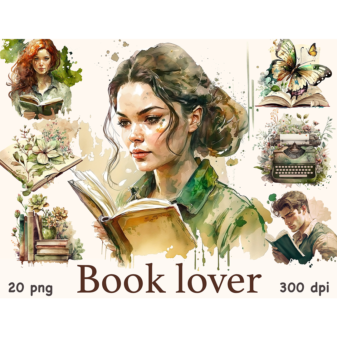 Book Lover Clipart | Watercolor Portrait Illustration Set - Inspire Uplift