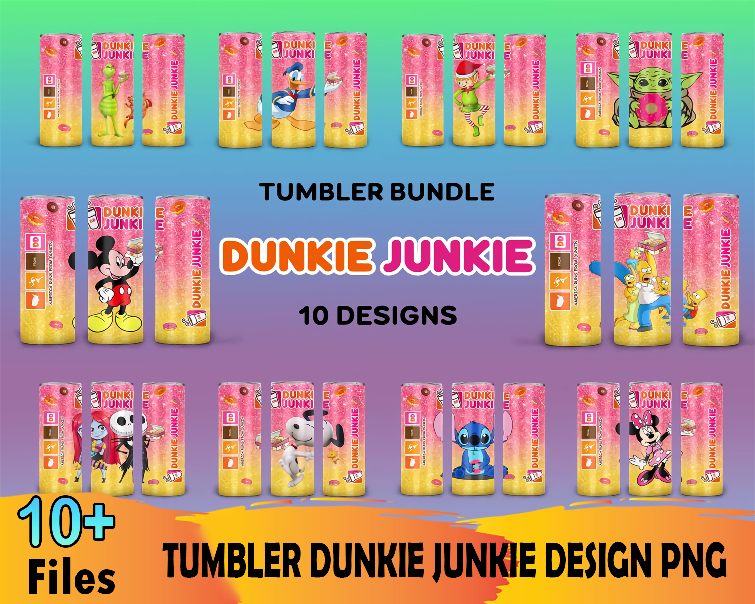10 Disney Dunkie Junkie Tumbler PNG Bundle, 20oz Wrap Png | Inspire Uplift