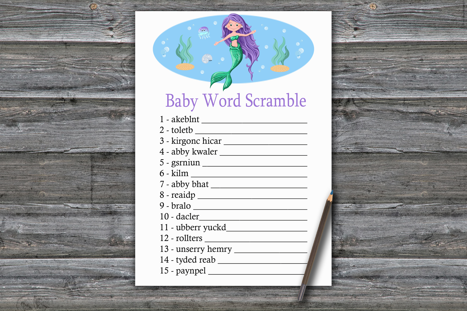 Mermaid Baby word scramble game card,Mermaid Baby shower gam | Inspire ...