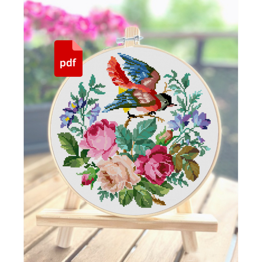 Antique bird on a branch in flowers vintage cross stitch sch | Inspire ...