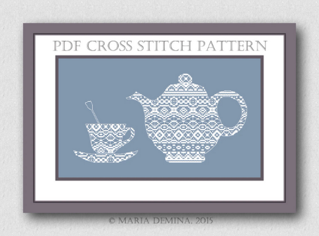 Lace kettle and cup PDF cross stitch pattern | Inspire Uplift