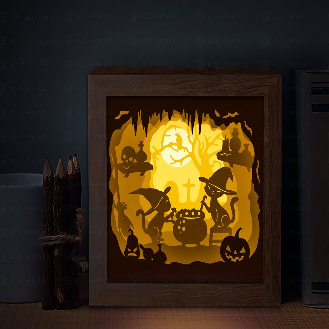 Cat Witch Cute Shadow Box SVG Files, Paper Cutting Template, - Inspire ...