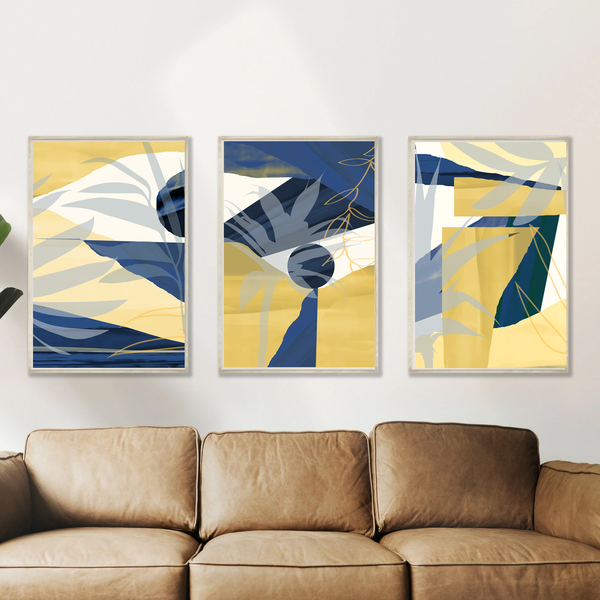 Abstract Geometric 3 Piece Artwork, Yellow And Blue Wall Art | Inspire ...