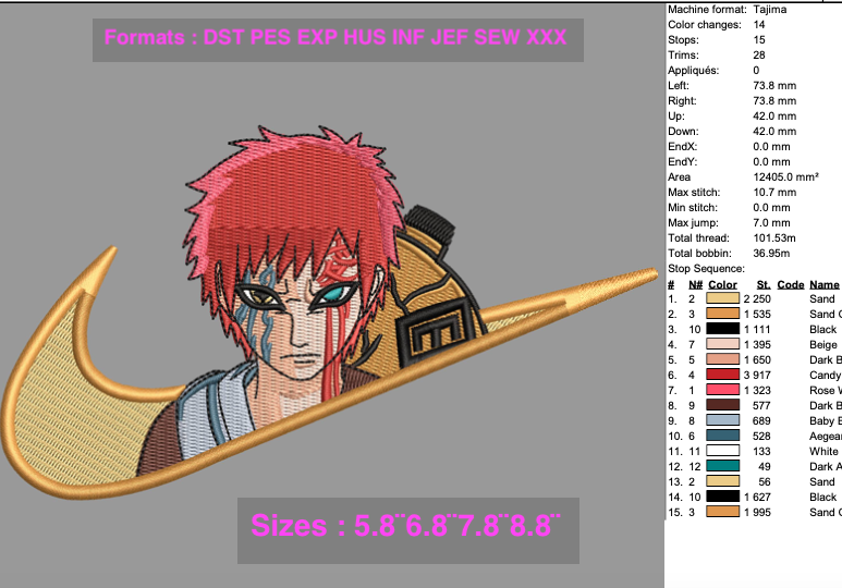 Gaara Swoosh Anime Embroidery Design - Inspire Uplift