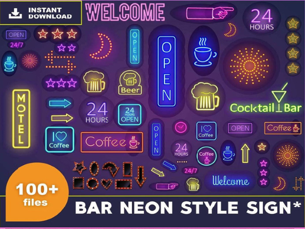 100 Files Bar Neon Style Sign Svg Bundle, Neon Sign Svg, Bee | Inspire ...