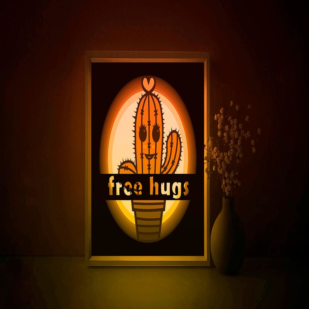 Cute Cactus Shadow box SVG Template, Free Hugs Papercut Ligh | Inspire ...